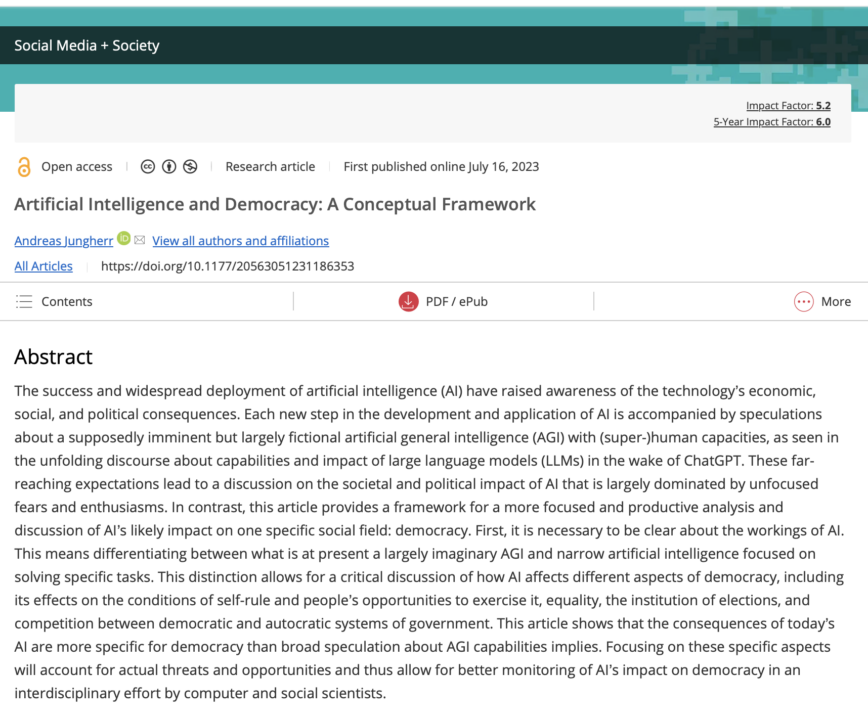 New article: Artificial intelligence and democracy | Andreas Jungherr